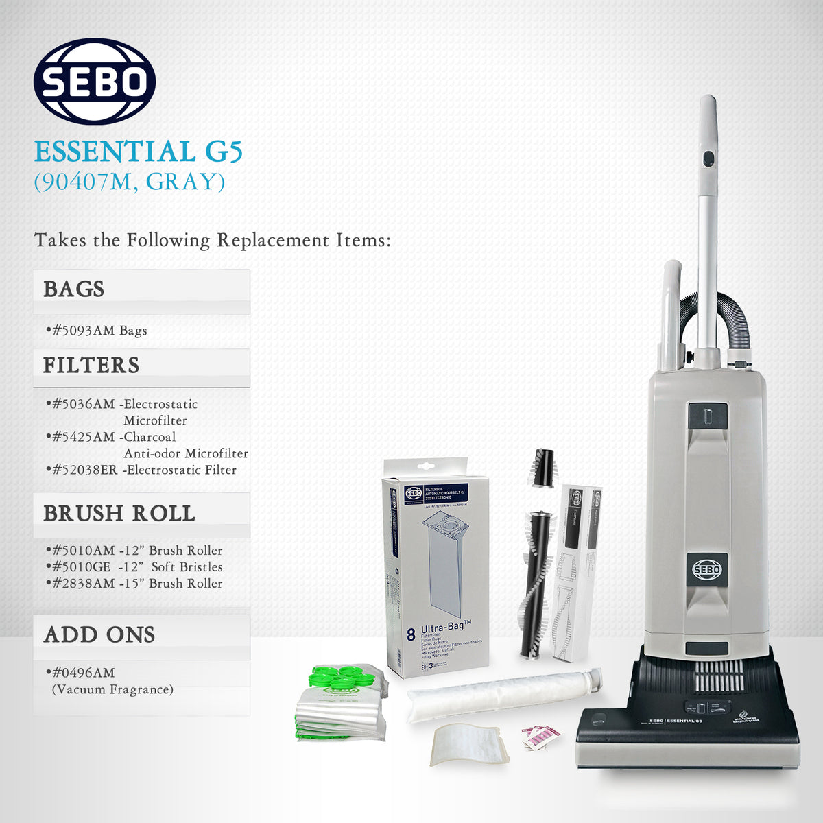 SEBO Essential G5 Upright Vacuum Cleaner 90407AM (Light Gray / Dark ...